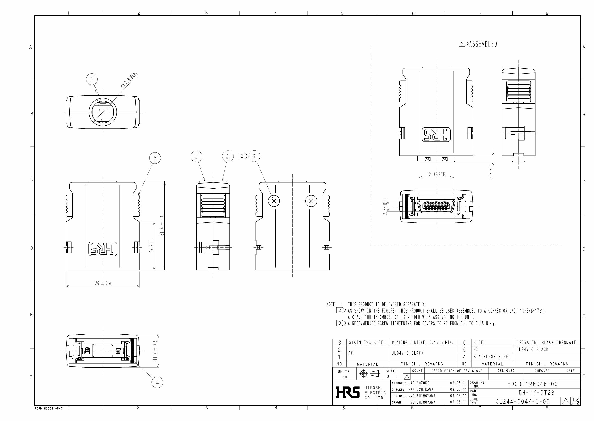 Hoja de datos de DH-17-CT2B Drawing de Hirose Electric Co Ltd | DigiKey
